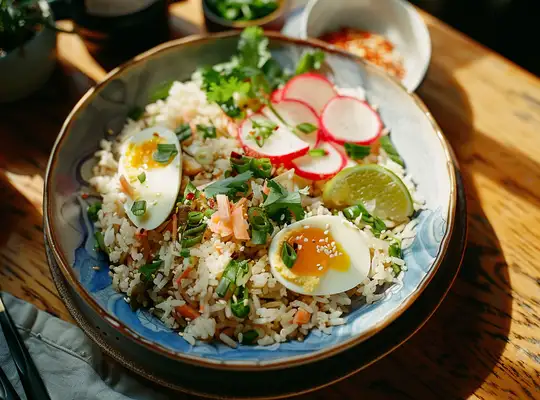 Stashcook | Egg Fried Rice with Quick Pickled Radish & Spicy Mayo