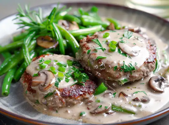 Stashcook | Beef Patties with Creamy Mushroom Sauce and Green Beans
